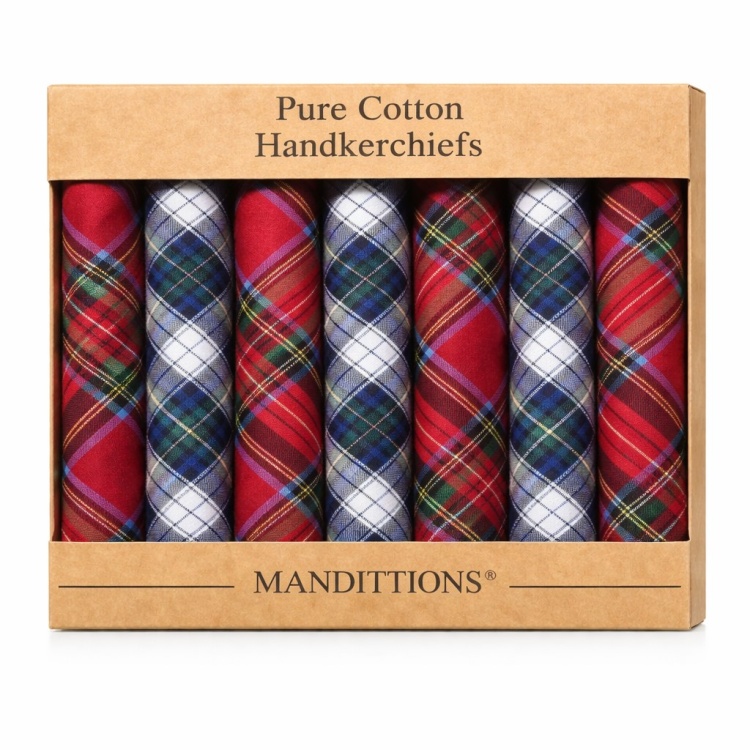 7 Mixed Tartan Cotton Handkerchiefs - Gents Shop