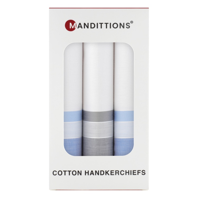 3 Large White Cotton Hankies Colourful Border - Gents Shop