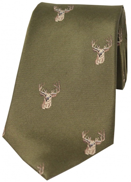 Country Stags on Moss Green Silk Tie | Stag Tie - Gents Shop