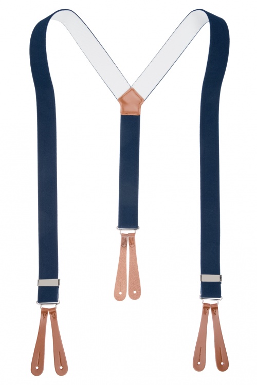 Navy Blue Button On Braces With Tan Leather Ends - Gents Shop