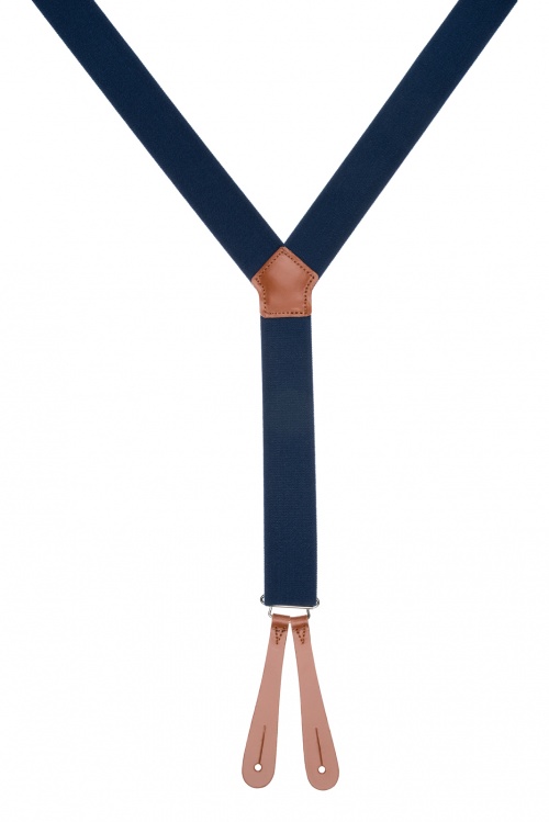 Navy Blue Button On Braces With Tan Leather Ends - Gents Shop
