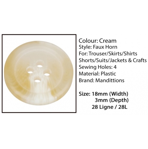 Pack of 6 Cream Mock Horn Buttons 18mm 28 Ligne - Gents Shop